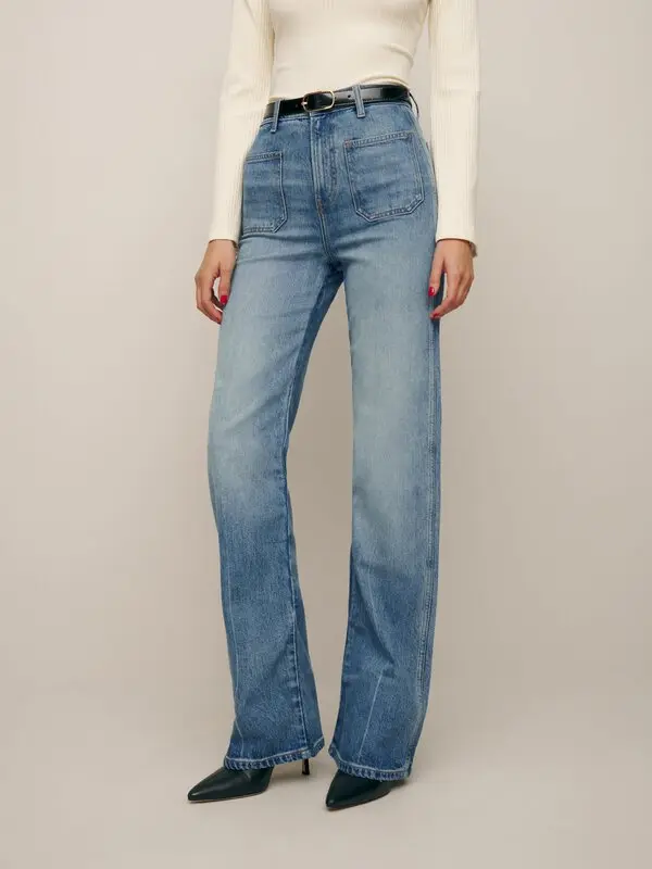 REFORMATION Alyssa Stretch High Rise Wide Leg Long Jeans - Blue