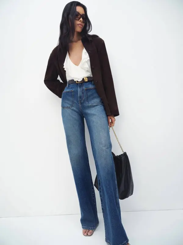 REFORMATION Alyssa Stretch High Rise Wide Leg Long Jeans - Blue