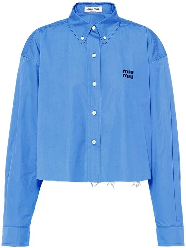 Miu Miu Cropped Cotton Shirt With Embroidered Logo - Blue