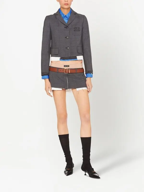 Miu Miu Cropped Cotton Shirt With Embroidered Logo - Blue