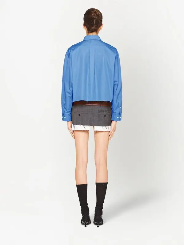 Miu Miu Cropped Cotton Shirt With Embroidered Logo - Blue