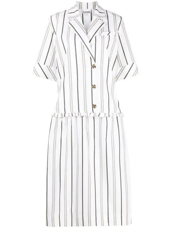 GANNI Striped Ruffle-trim Shirt Dress