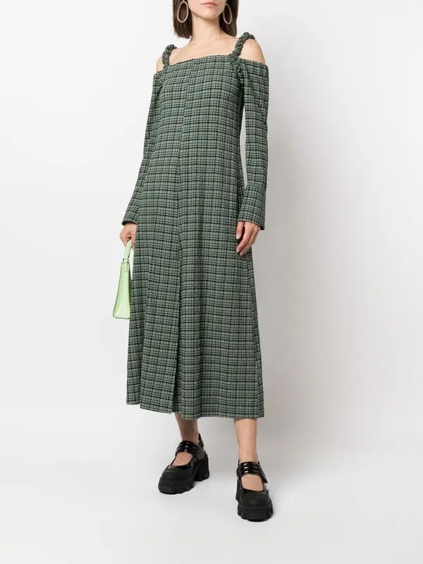GANNI Seersucker Cold-shoulder Dress