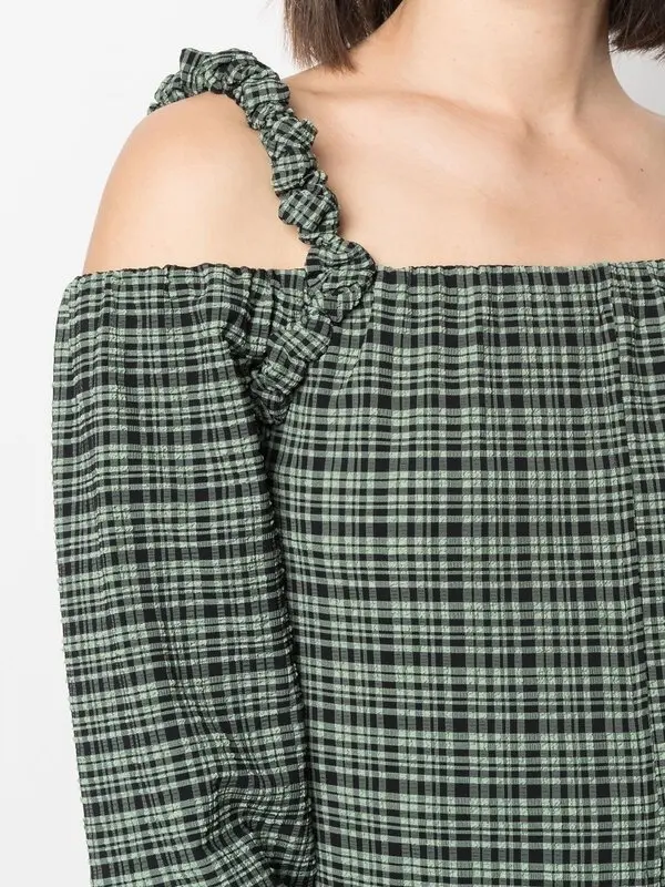 GANNI Seersucker Cold-shoulder Dress