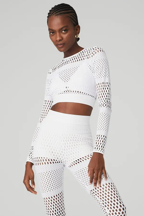 Alo Yoga Mesh Haute Summer Long Sleeve Top - White | Editorialist