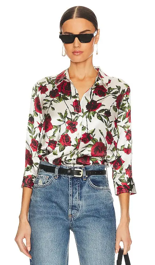 L'Agence Dani Blouse In Ivory - Ivory & Red Rose Stem