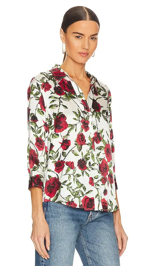 L'Agence Dani Blouse In Ivory - Ivory & Red Rose Stem