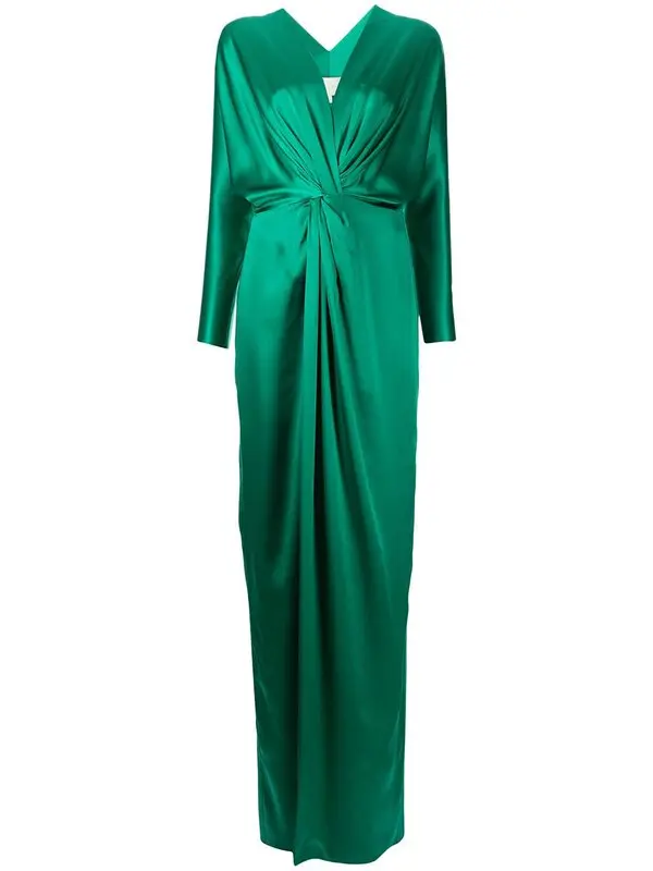 green emerald velvet dress Green Gathered One Shoulder Satin Faux Wrap Gown