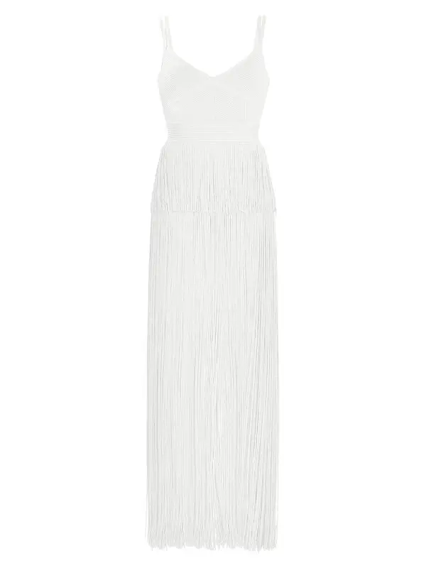 Herve Leger Strappy Ottoman Fringe Gown - Alabaster