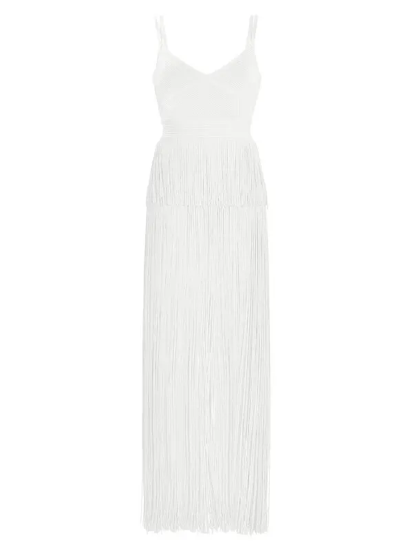 Herve Leger Strappy Ottoman Fringe Gown - Alabaster