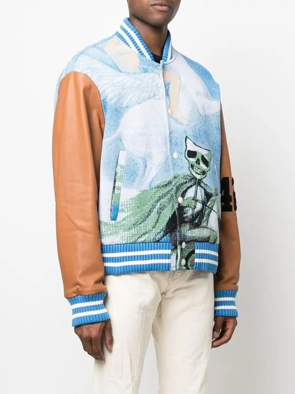 424 Jacquard-print Leather-sleeve Bomber Jacket - Blue