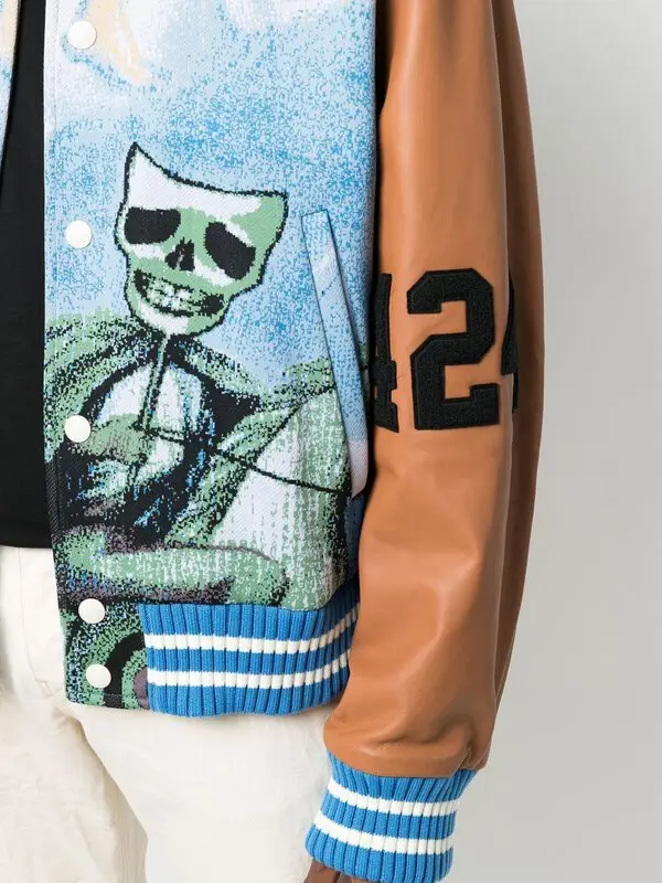 424 Jacquard-print Leather-sleeve Bomber Jacket - Blue