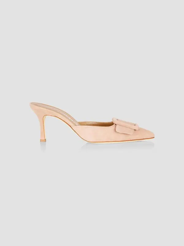 Manolo Blahnik Maysale 70mm Buckle Suede Mules - Beige