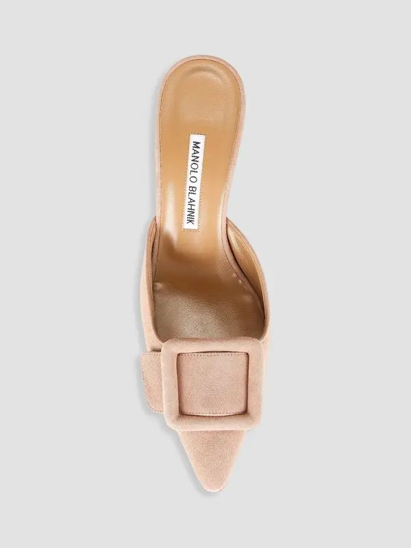 Manolo Blahnik Maysale 70mm Buckle Suede Mules - Beige