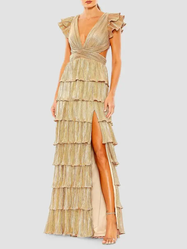 Mac Duggal Ieena Metallic Tiered Gown - Gold