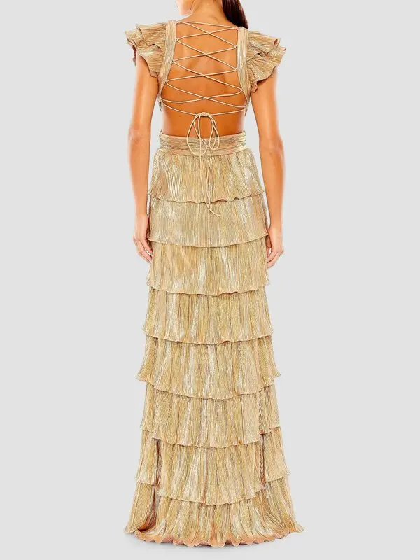 Mac Duggal Ieena Metallic Tiered Gown - Gold