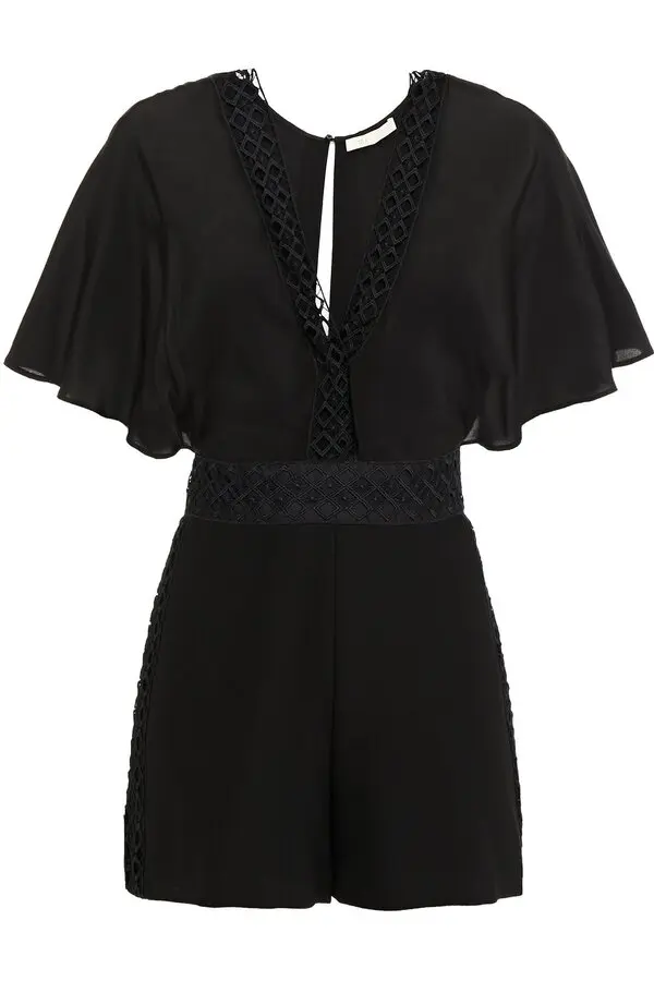 Maje Lace-trimmed Twill And Silk Crepe De Chine Playsuit - Black