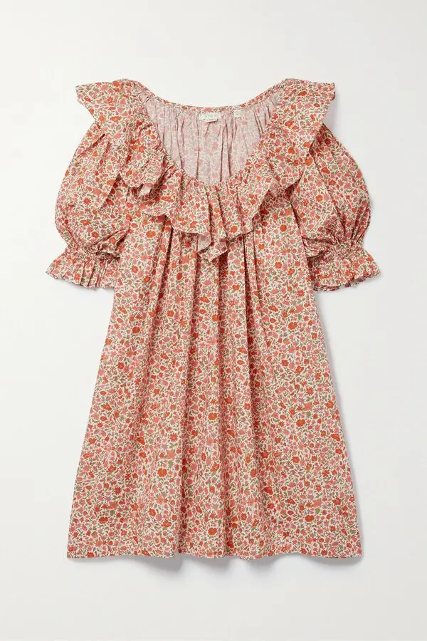DEn Chime Ruffled Floral-Print Cotton Mini Dress In Red - 50% Off |  Editorialist