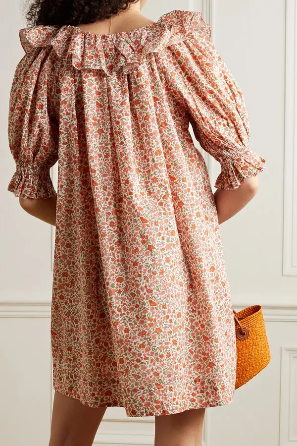 DEn Chime Ruffled Floral-Print Cotton Mini Dress In Red - 50% Off |  Editorialist