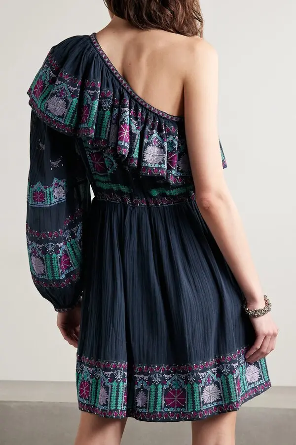 sachin and babi light blue dress ISABEL MARANT One-shoulder embroidered cotton-voile mini dress main image 0