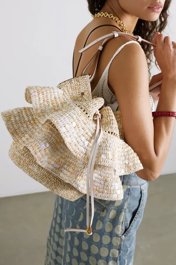 Loewe Paula's Ibiza Balloon Ruffled Leather-trimmed Sequined Raffia Bucket Bag