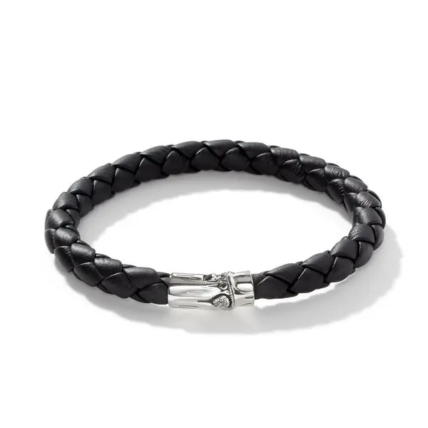 John Hardy Braided Leather Bamboo Station Bracelet In Sterling