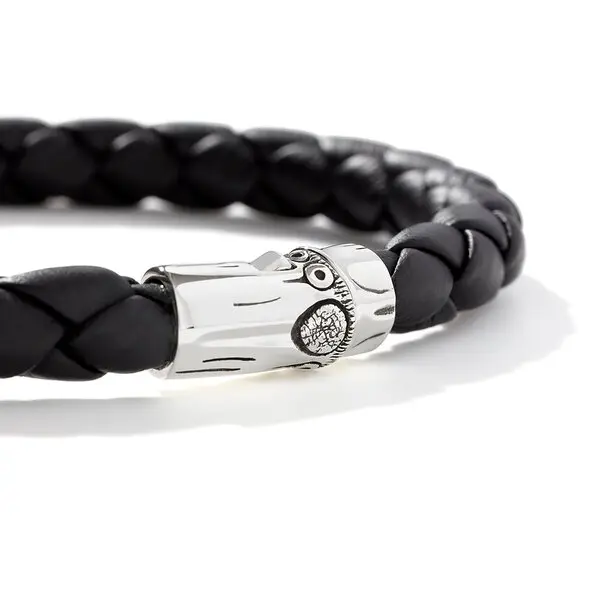 John Hardy Braided Leather Bamboo Station Bracelet In Sterling