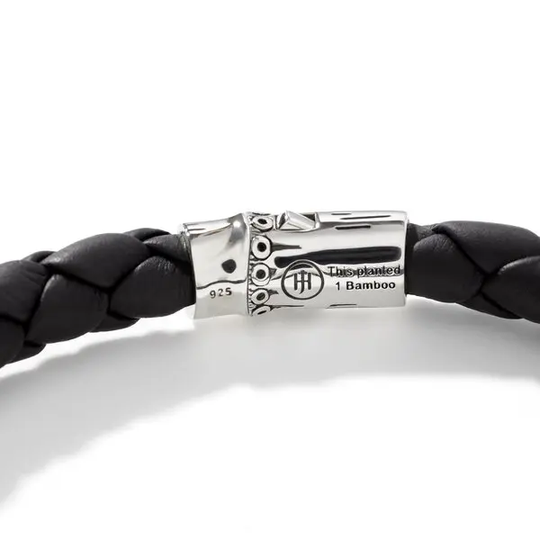 John Hardy Braided Leather Bamboo Station Bracelet In Sterling