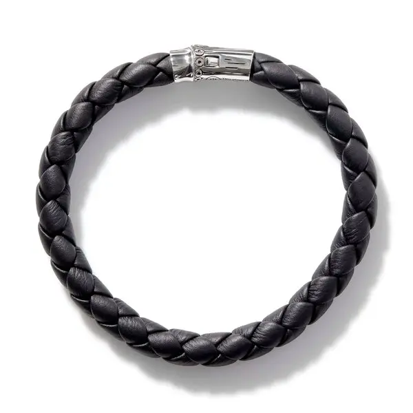John Hardy Braided Leather Bamboo Station Bracelet In Sterling
