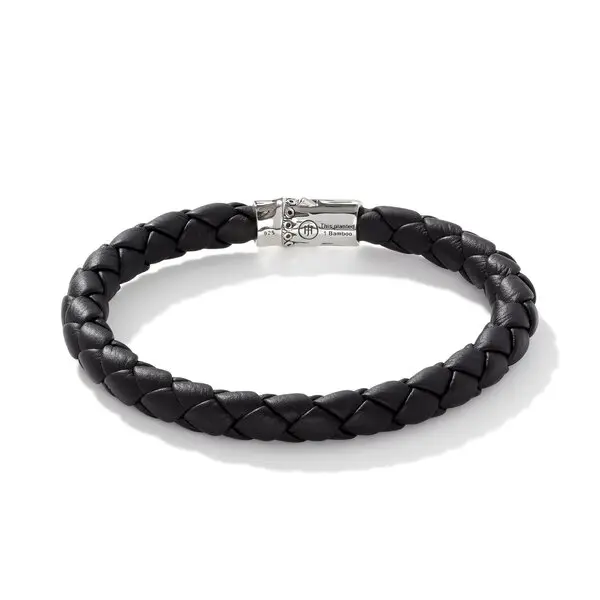 John Hardy Braided Leather Bamboo Station Bracelet In Sterling