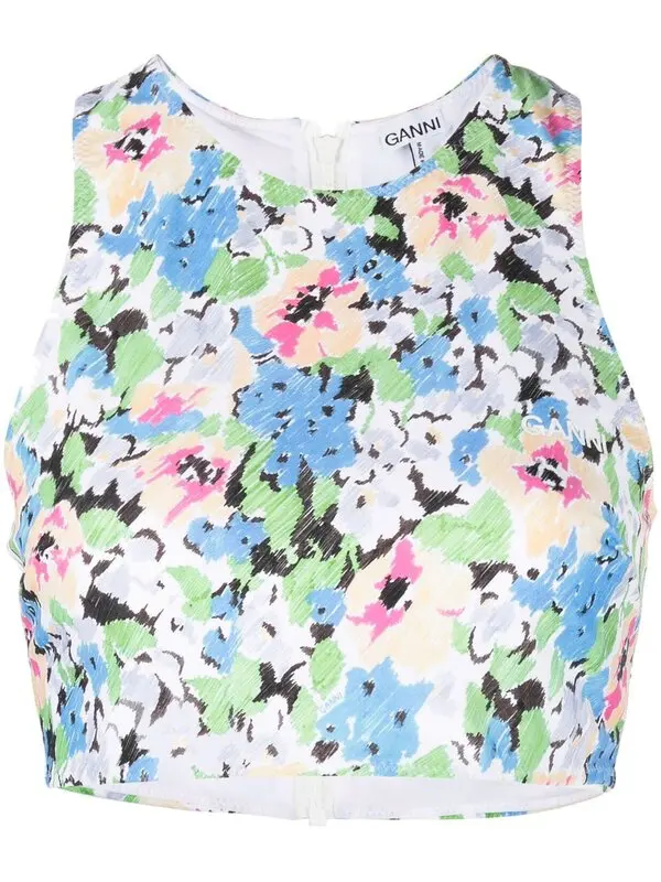 GANNI Cropped Floral Print Sleeveless Top