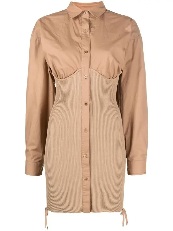 ANDREĀDAMO Ribbed Mini Shirt Dress - Neutrals