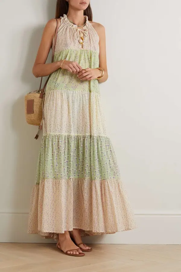 Yvonne S Hippy Tiered Printed Cotton-Voile Maxi Dress In Green - 70% Off |  Editorialist