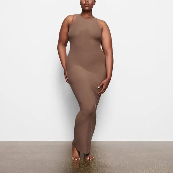 skims brown cut out dress SKIMS Brown Soft Lounge Cutout One Shoulder Dress SKIMS