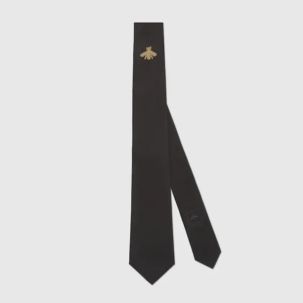 Gucci Bee Embroidered Silk Neck Tie - Black