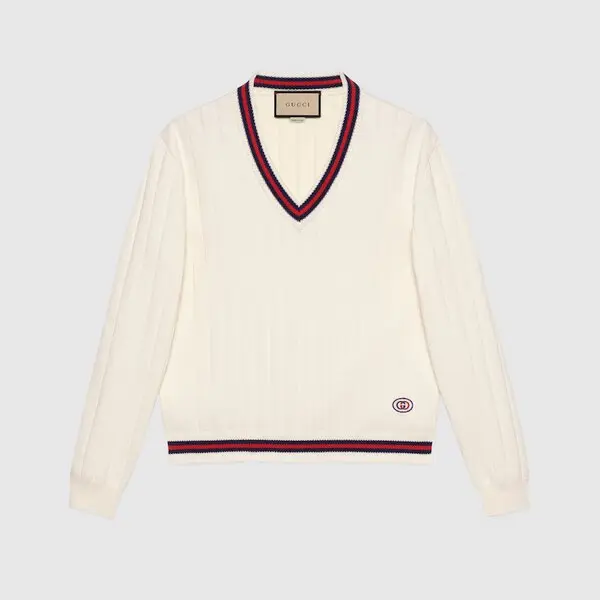 24SS new/GUCCI ウェブストライプポロセーター Sweater White Gucci Cotton Knit V-Neck Sweater With Web - White | Editorialist