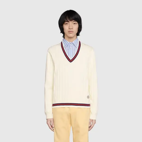 Gucci Cotton Knit V-Neck Sweater With Web - White | Editorialist