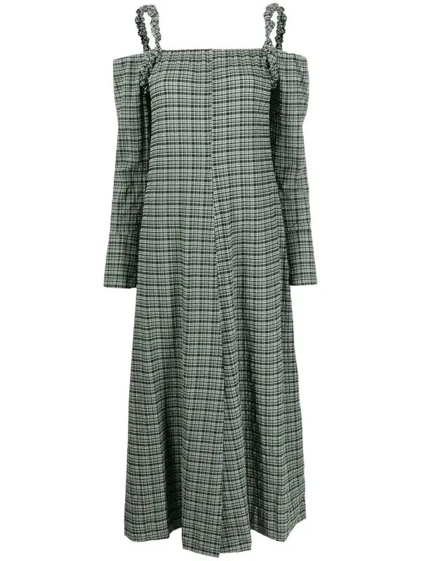Ganni Seersucker Check Off-Shoulder Dress - Green | Editorialist