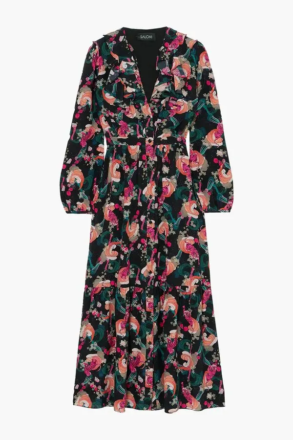 Saloni Venyx Ginny Printed Silk Crepe De Chine Midi Dress