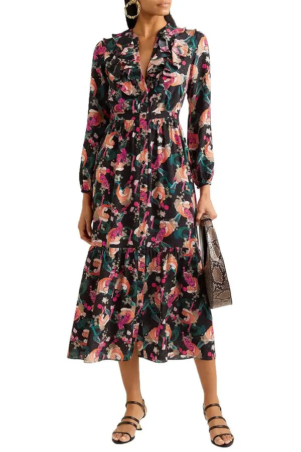 Saloni Venyx Ginny Printed Silk Crepe De Chine Midi Dress