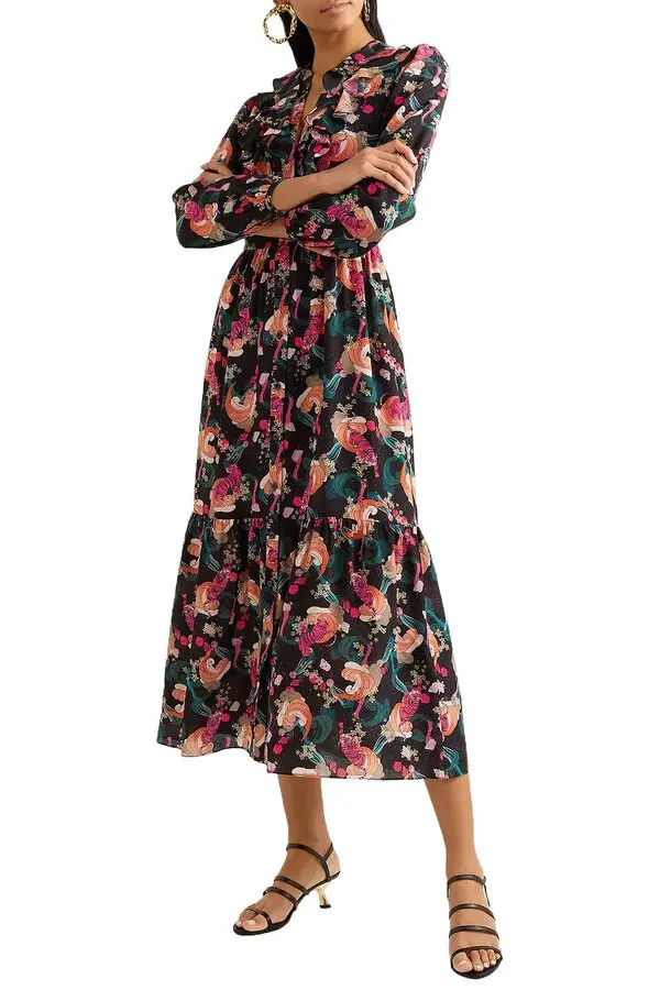 Saloni Venyx Ginny Printed Silk Crepe De Chine Midi Dress