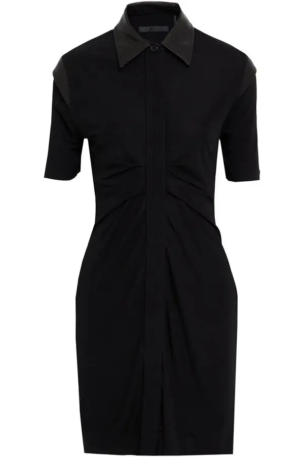 Helmut Lang Pleated Leather Trimmed Cady Mini Dress - Black