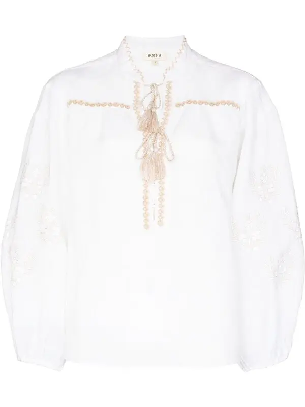 BOTEH La Choza Embroidered Blouse With Tassel Detail - White