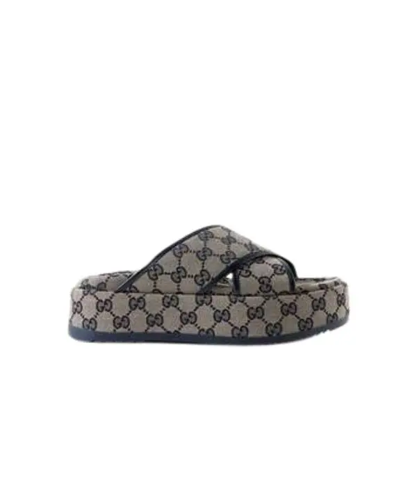 Gucci Angelina Leather-trimmed Logo-jacquard Coated-canvas Platform Slides