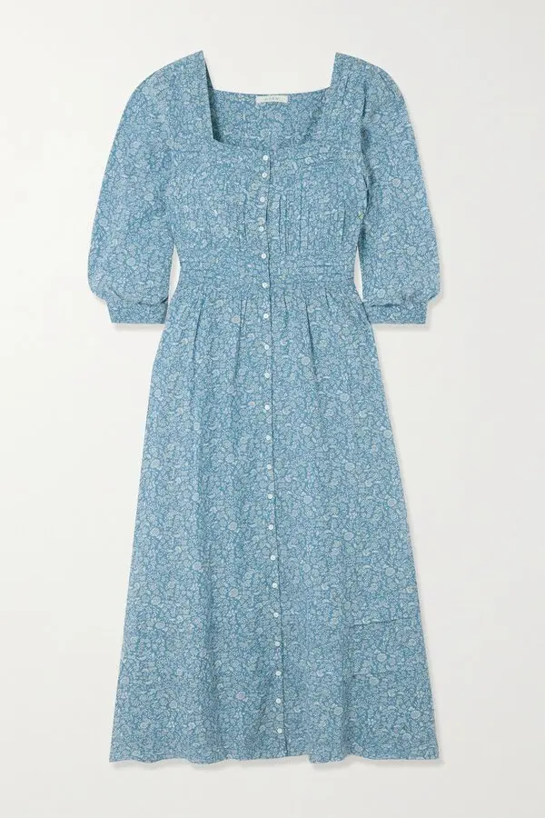 DôEn Minta Smocked Floral-Print Cotton-Blend Midi Dress In Blue - 59% Off