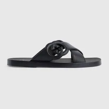 GUCCI SHOES MENS BLACK LEATHER CUTOUT INTERLOCKING G LOGO SANDALS sz 11 / 11.5 Interlocking G cutout leather sandals in black - Gucci  main image 3