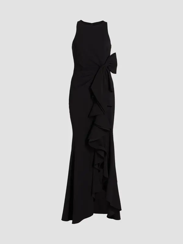Badgley Mischka Odessa Asymmetric Sleeveless Column Ruffle-skirt Gown - Black