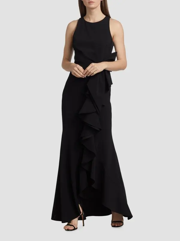 Badgley Mischka Odessa Asymmetric Sleeveless Column Ruffle-skirt Gown