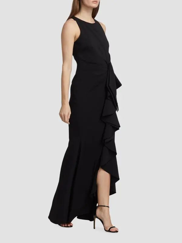 Badgley Mischka Odessa Asymmetric Sleeveless Column Ruffle-skirt Gown