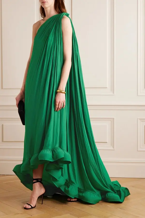 Lanvin One-Shoulder Ruffled Pliss-Crepe De Chine Gown - Green |  Editorialist